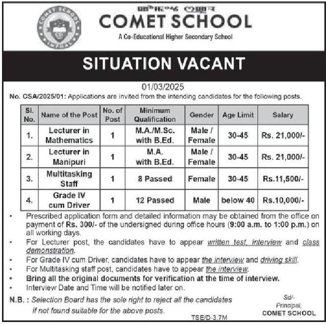 Comet School Recruitment 2025 for Driver, MTS and Lecturer | Apply now
